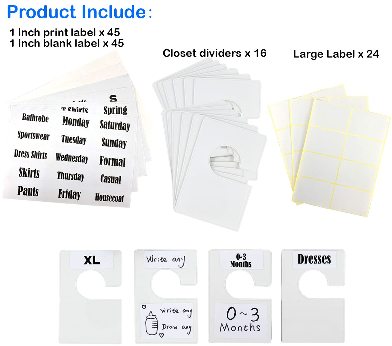 TraGoods 20 Pack White Clothing Rack Size Dividers Plus 90 Labels (1 Inch) and 20 Large Blank Labels, Large Rectangular Clothing Closet Dividers (Pearl White)