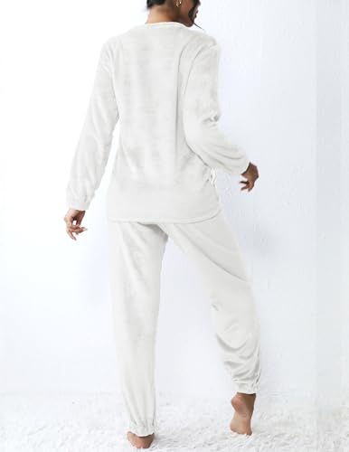 Ekouaer Women Fleece Pajama Sets Long Sleeve Tops and Pants PJ Sets Joggers Plush Loungewear Sleepwear White Large