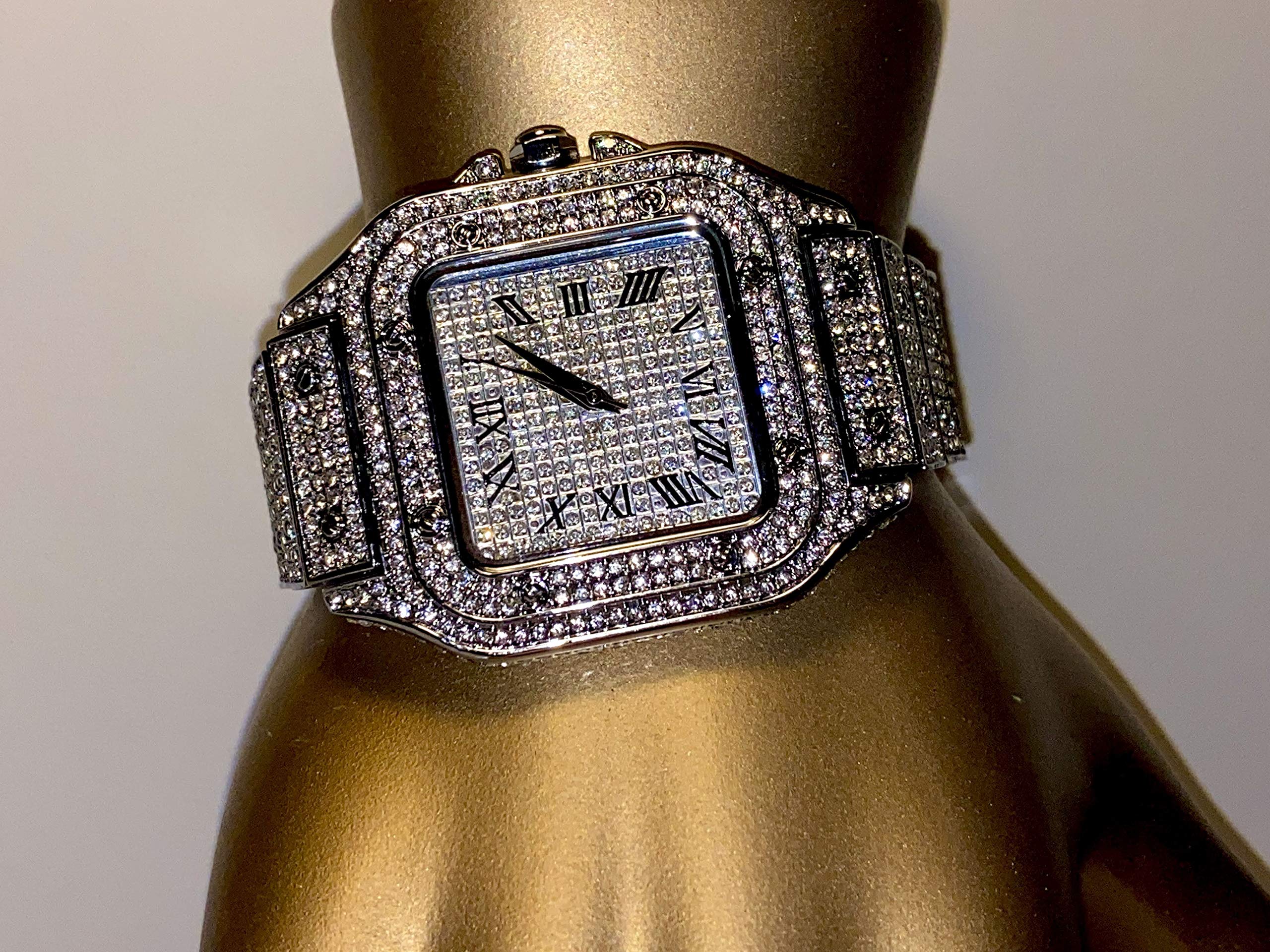 Luxury CZ Diamond Iced Bracelet Watch - Roman Numeric Square Dial - Custom Fit, Bust Down Watch For Men, Women & Hip Hop/Rapper Choice - Mens Jewelry