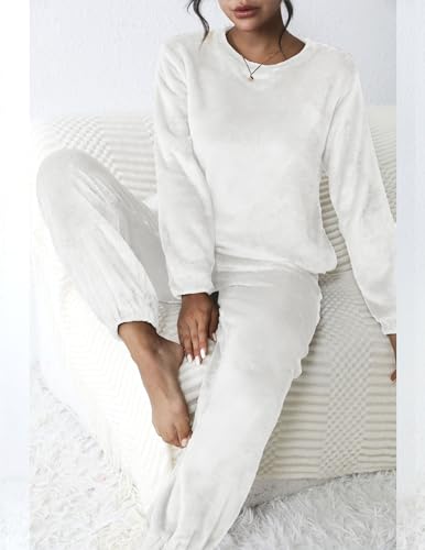 Ekouaer Women Fleece Pajama Sets Long Sleeve Tops and Pants PJ Sets Joggers Plush Loungewear Sleepwear White Large
