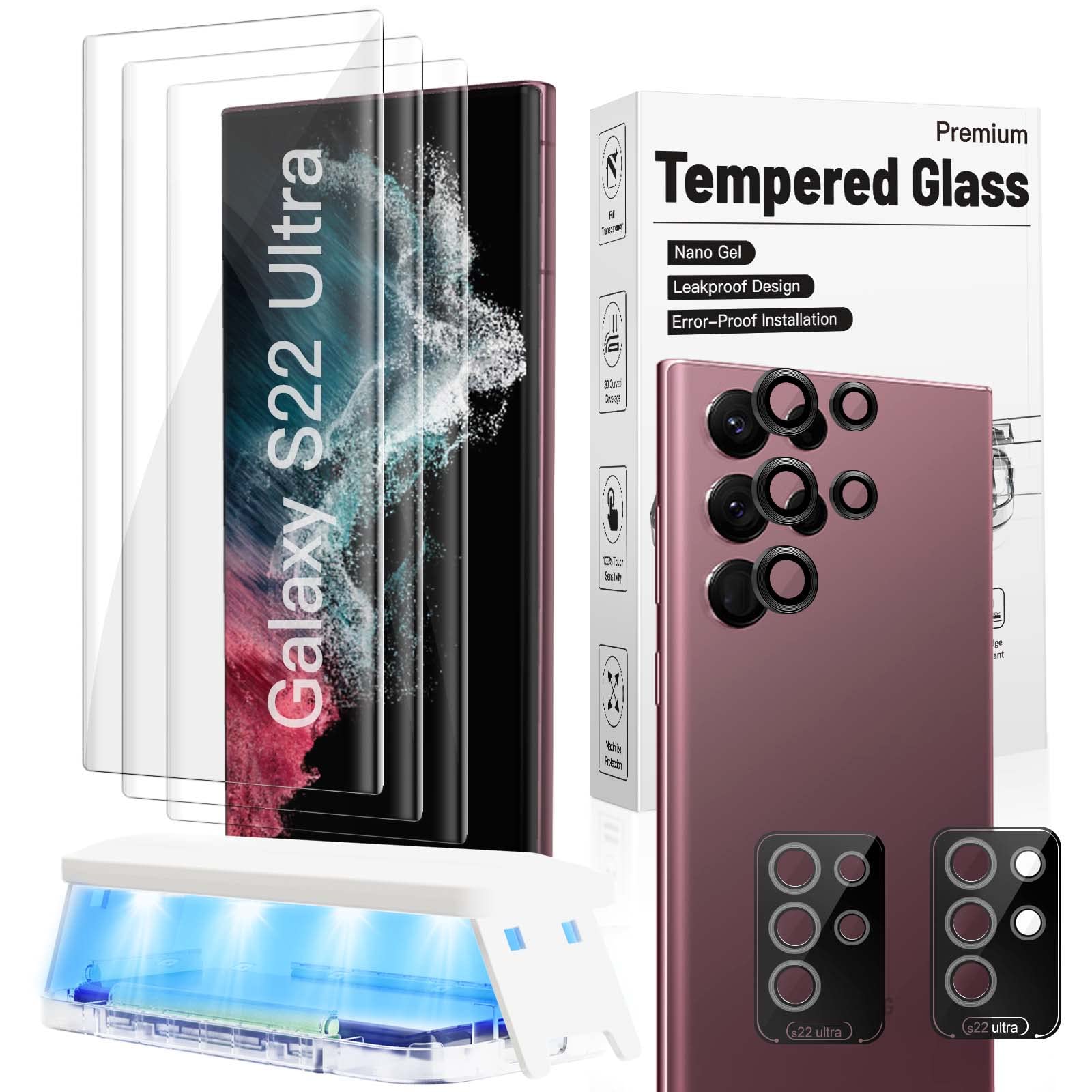 Ni-SHEN【Auto Alignment】3+2 Pack 3D Curved Samsung Galaxy S22 Ultra Screen Protector Tempered Glass Accessories 3 Pack Glass with 2 Pack Camera Lens Protector Samsung S22 Ultra case friendly Fingerprint Suitable