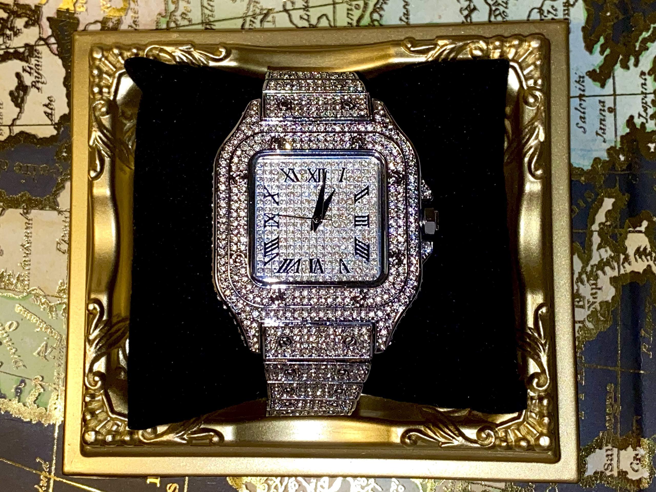 Luxury CZ Diamond Iced Bracelet Watch - Roman Numeric Square Dial - Custom Fit, Bust Down Watch For Men, Women & Hip Hop/Rapper Choice - Mens Jewelry