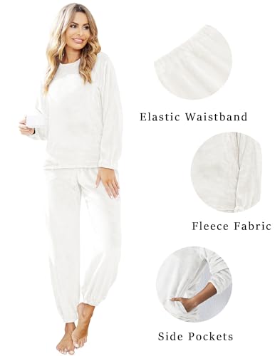 Ekouaer Women Fleece Pajama Sets Long Sleeve Tops and Pants PJ Sets Joggers Plush Loungewear Sleepwear White Large