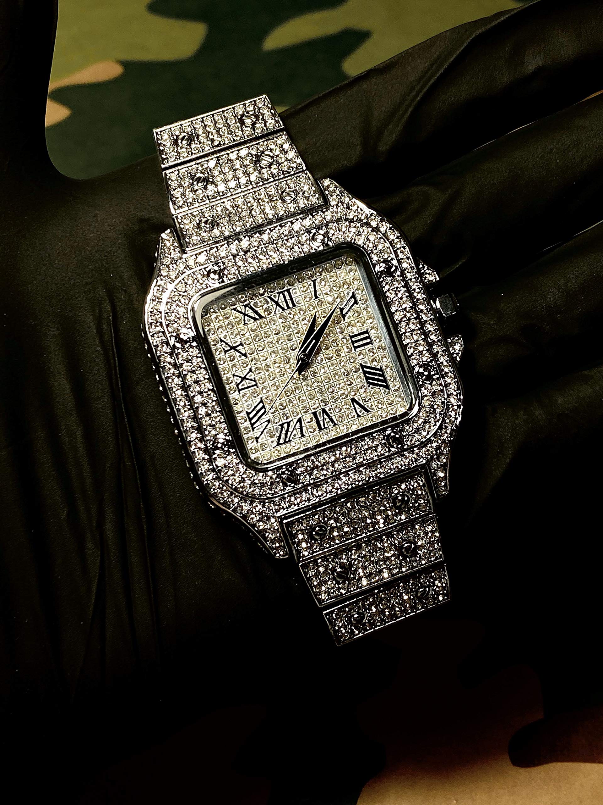 Luxury CZ Diamond Iced Bracelet Watch - Roman Numeric Square Dial - Custom Fit, Bust Down Watch For Men, Women & Hip Hop/Rapper Choice - Mens Jewelry