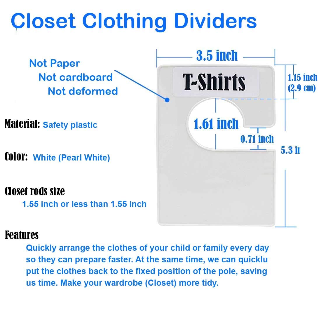 TraGoods 20 Pack White Clothing Rack Size Dividers Plus 90 Labels (1 Inch) and 20 Large Blank Labels, Large Rectangular Clothing Closet Dividers (Pearl White)