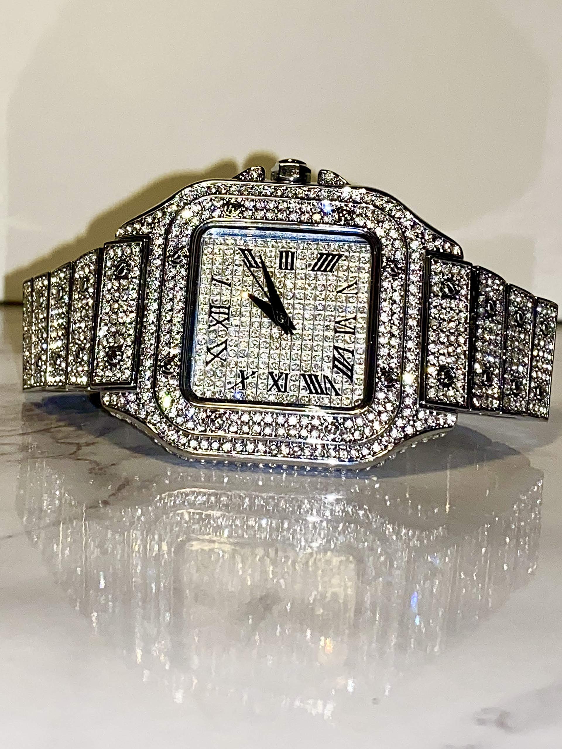 Luxury CZ Diamond Iced Bracelet Watch - Roman Numeric Square Dial - Custom Fit, Bust Down Watch For Men, Women & Hip Hop/Rapper Choice - Mens Jewelry