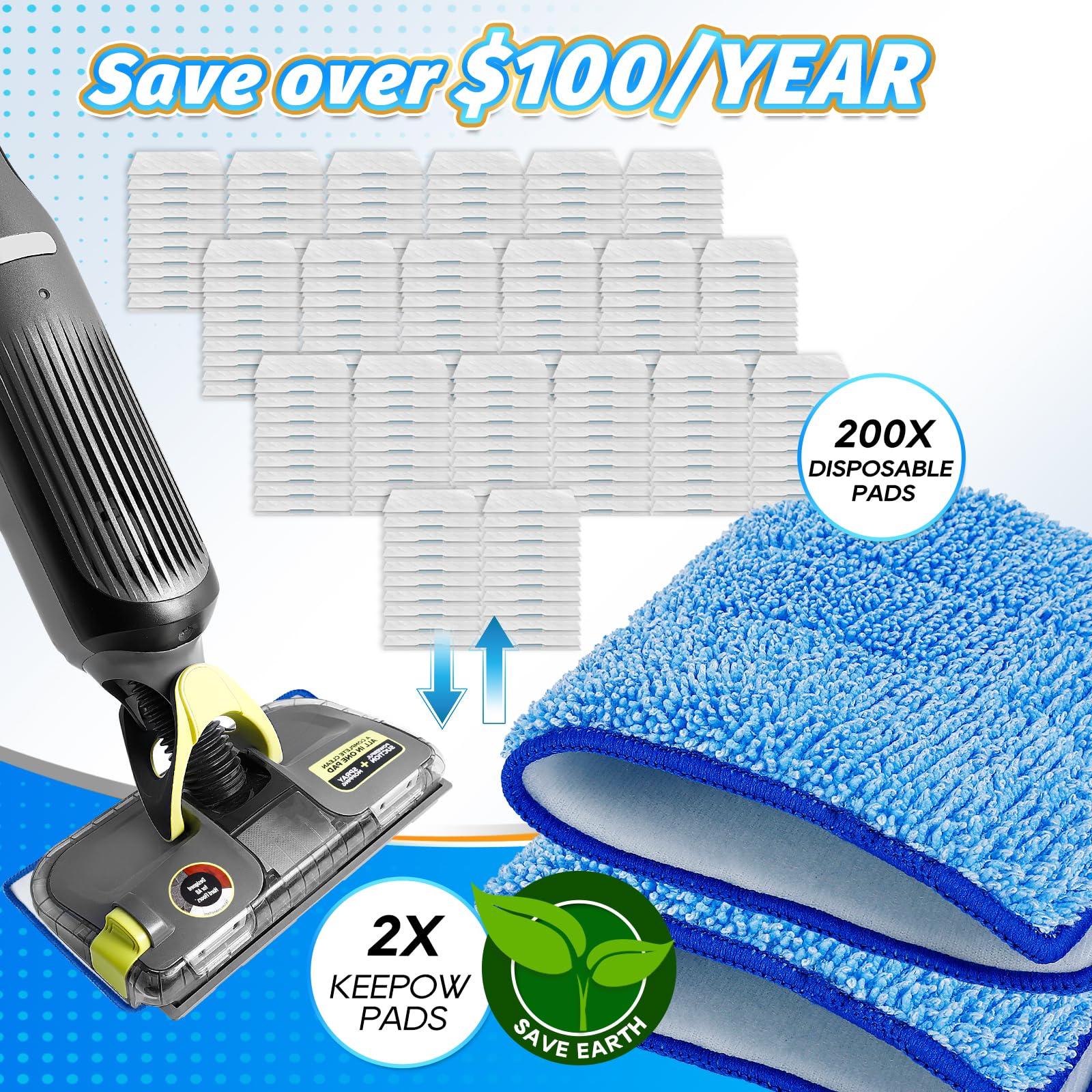 KEEPOW Reusable Vacmop Replacement Pads Compatible with Shark Vac Mop VM252 VM200 VC205 VM250 VM190 VM200P12, Vacuum Mop Pads Refills for Hardwood Floor with Upgraded Dirt Chamber, Blue, 2+1+1 Pack