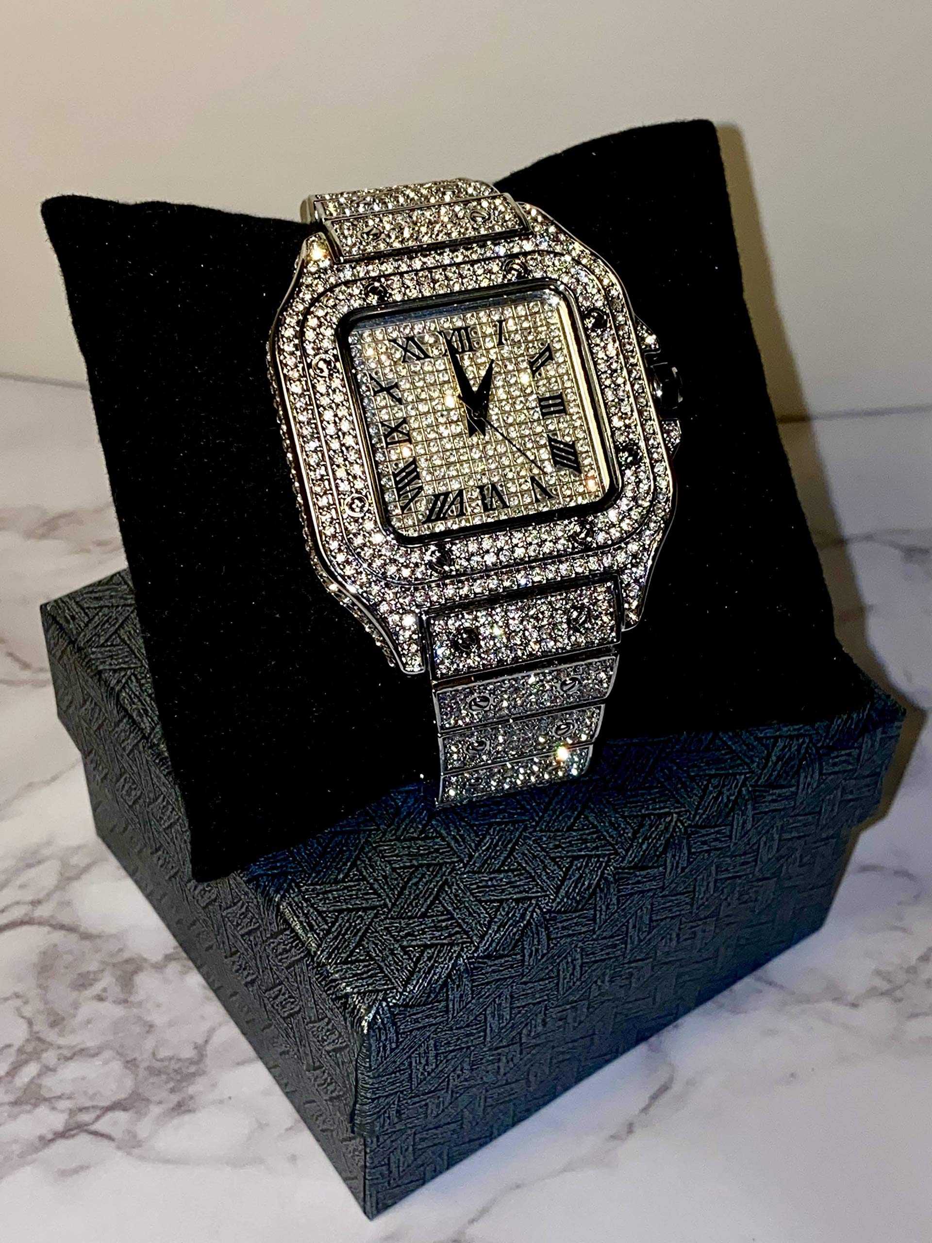 Luxury CZ Diamond Iced Bracelet Watch - Roman Numeric Square Dial - Custom Fit, Bust Down Watch For Men, Women & Hip Hop/Rapper Choice - Mens Jewelry