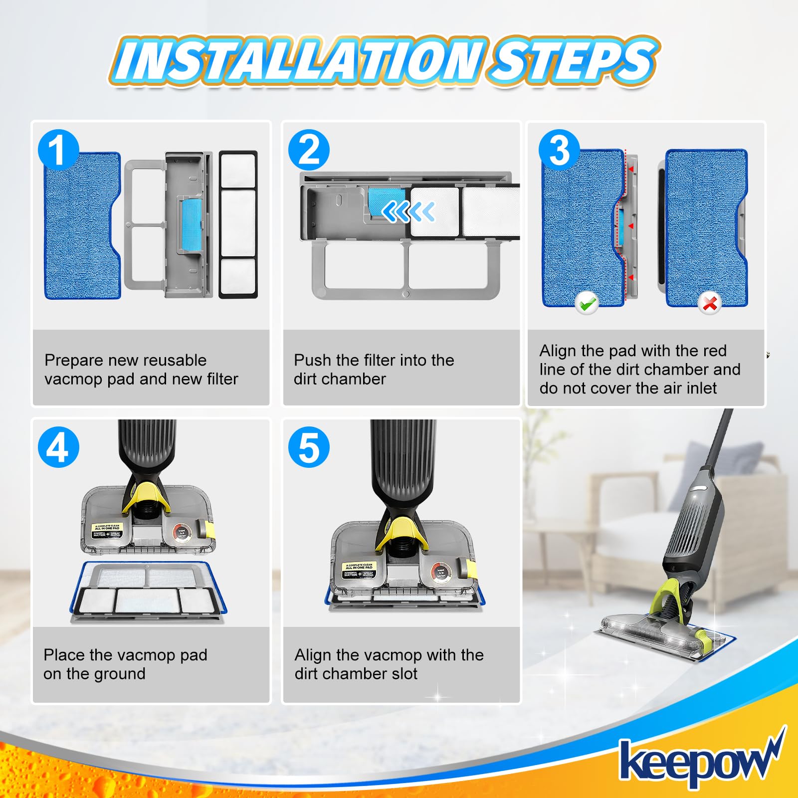KEEPOW Reusable Vacmop Replacement Pads Compatible with Shark Vac Mop VM252 VM200 VC205 VM250 VM190 VM200P12, Vacuum Mop Pads Refills for Hardwood Floor with Upgraded Dirt Chamber, Blue, 2+1+1 Pack