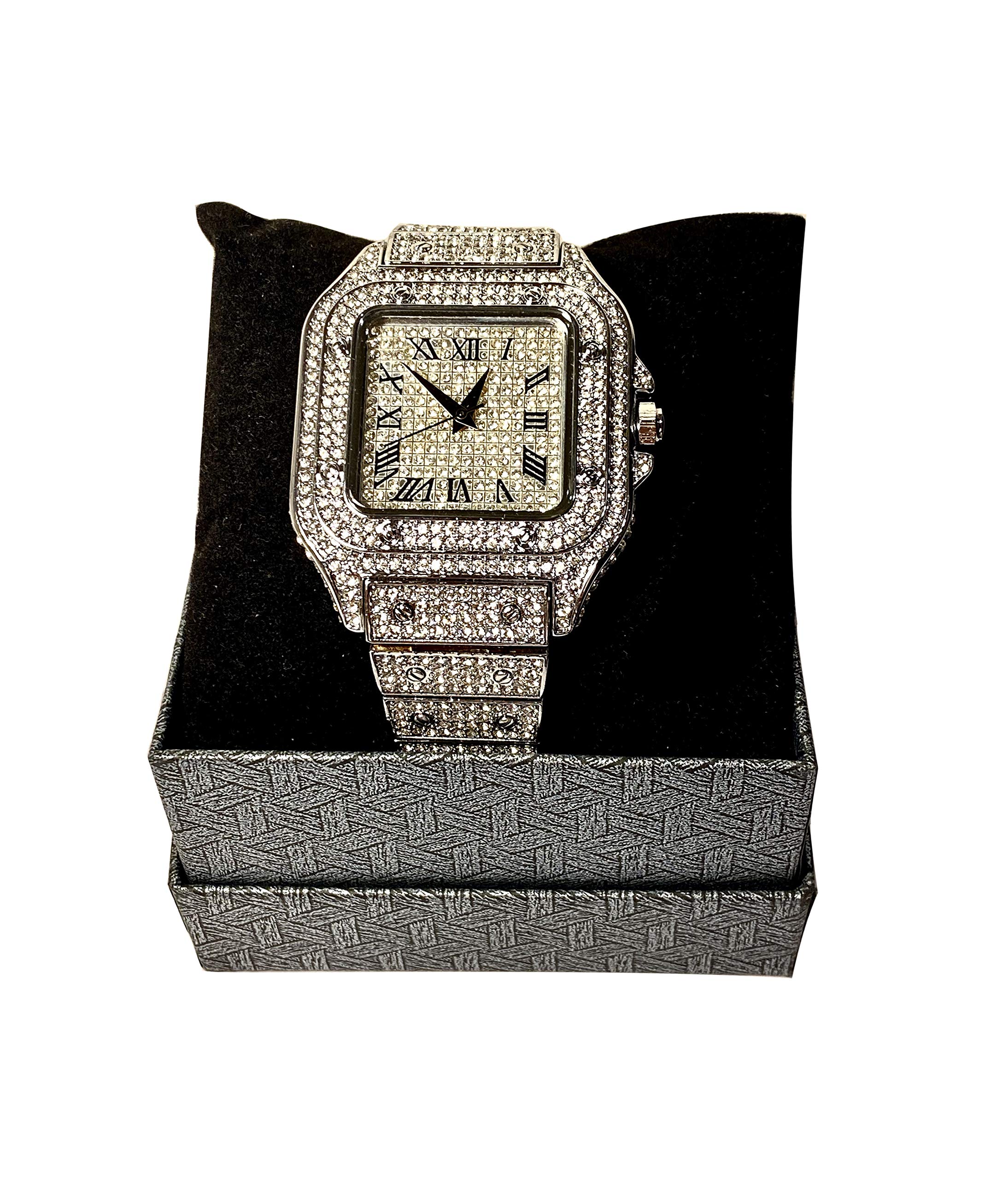Luxury CZ Diamond Iced Bracelet Watch - Roman Numeric Square Dial - Custom Fit, Bust Down Watch For Men, Women & Hip Hop/Rapper Choice - Mens Jewelry