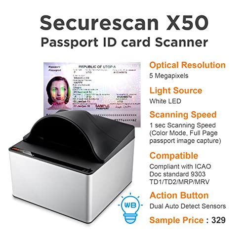 Plustek SecureScan X50 - Passport and ID Card Scanner, Auto-Detect and Scan in 1 Sec Support ICAO Doc 9303 Standards. for Windows only