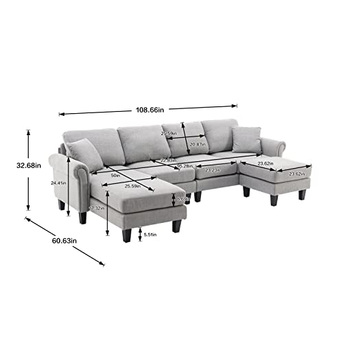 Tabaray 108" Couch Sectional Sofa for Living Room Furniture Sets Convertible U Shaped Couches with Ottoman and Chaise for Apartment, Office (Light Blue)