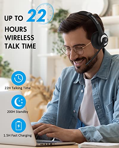 Sanfant Bluetooth Headset V5.0 Stereo Wireless On-Ear Headphones with Microphone Flip-up to Mute & USB Dongle, 22+Hrs Talktime Bluetooth/Wired Office Headset for PC/Laptop/Computer/Cell Phone