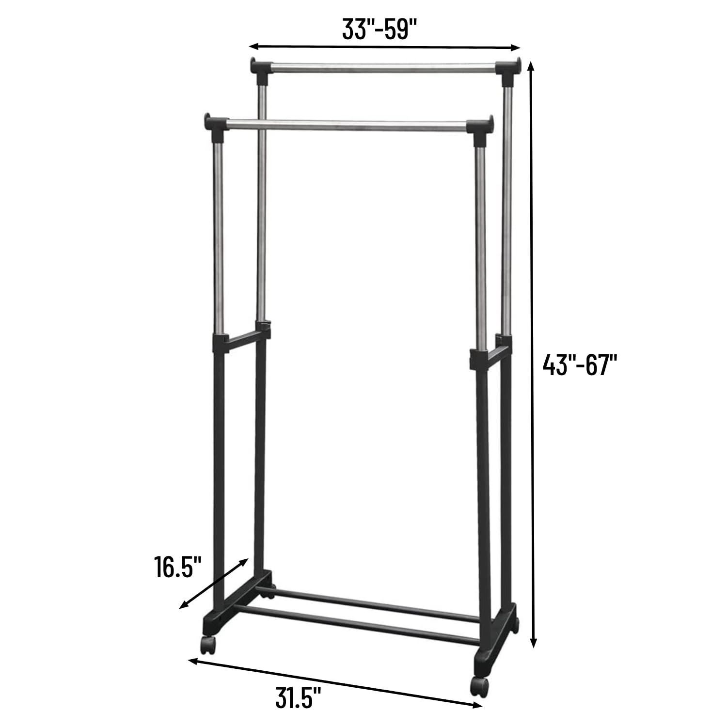 WOHLLEBEN Expandable Double Rods Clothing Rack Portable Freestanding Clothes Rack on Wheels Clothes Closet with Shoe Shelves Multi-functional Garment Rack, (33"-59")Γ16.5"Γ(43"-67")