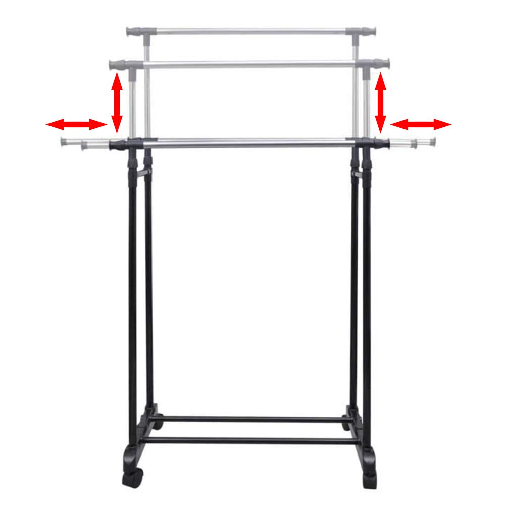 WOHLLEBEN Expandable Double Rods Clothing Rack Portable Freestanding Clothes Rack on Wheels Clothes Closet with Shoe Shelves Multi-functional Garment Rack, (33"-59")Γ16.5"Γ(43"-67")