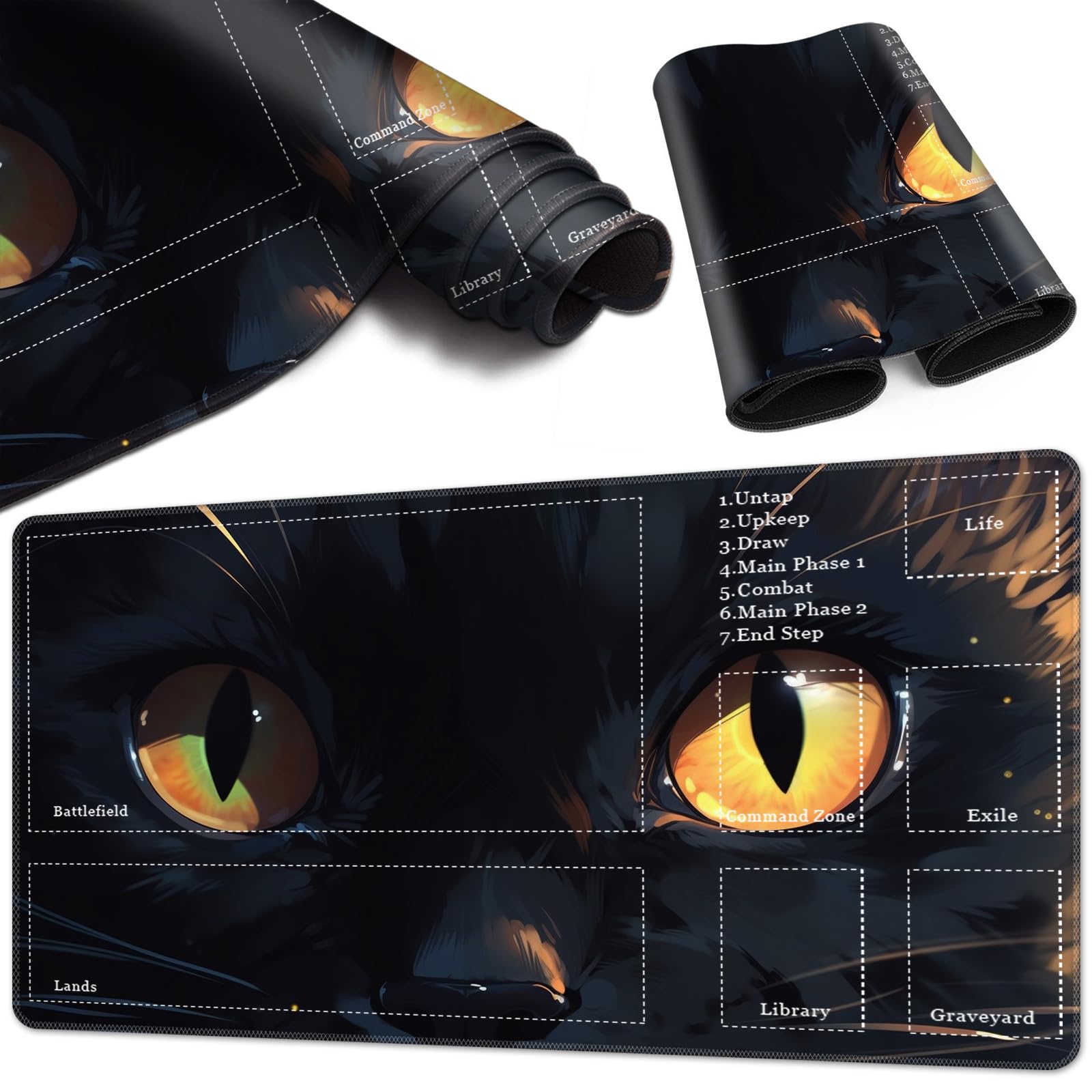 Playmat for MTG Playmat with Zones, 24" x 14" TCG Playmat Ideal for MTG Playmat Game Trading Board, Original Hand-Painted Printing Non-Slip Rubber Bottom & Stitched Edges Mouse Pad, Black Cat Eyes