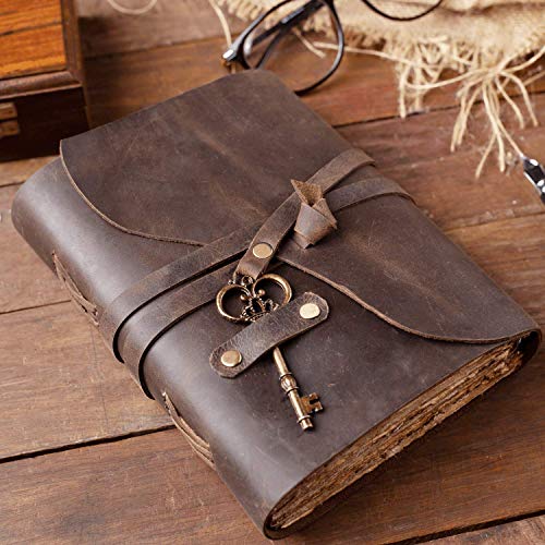 Vintage Leather Journal - Antique Handmade Deckle Edge Vintage Paper Leather Bound Journal - Book of Shadows Journal - Leather Sketchbook - Drawing Journal - Great Gift (Vintage Brown, 7.5"x5.5")