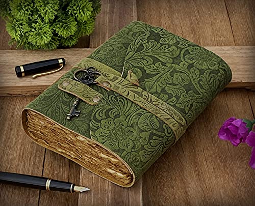 Leather Journal - Antique Handmade Deckle Edge Vintage Paper Leather Bound Journal - Book of Shadows Journal - Leather Sketchbook - Drawing Journal - Great Gift ( Green )