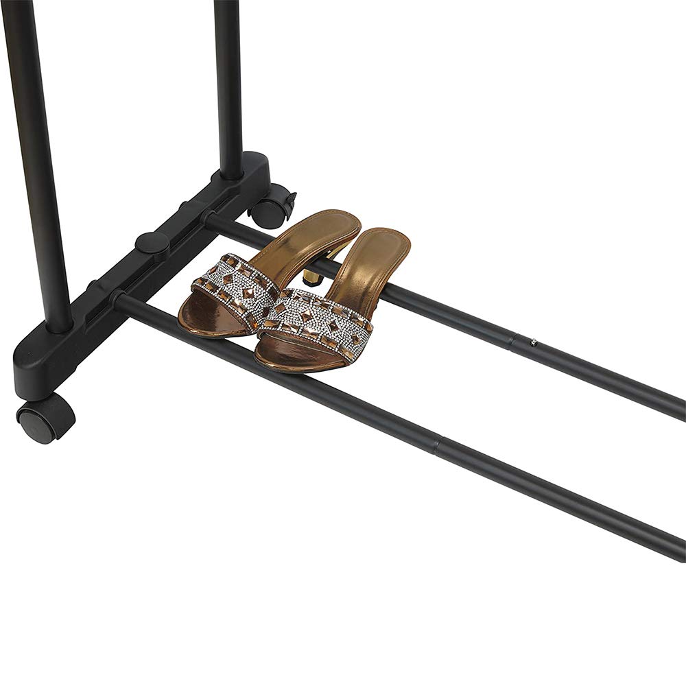 WOHLLEBEN Expandable Double Rods Clothing Rack Portable Freestanding Clothes Rack on Wheels Clothes Closet with Shoe Shelves Multi-functional Garment Rack, (33"-59")Γ16.5"Γ(43"-67")