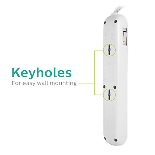 Philips 4 Outlet Power Strip Surge Protector with 2 USB Ports, 4 Ft Power Cord, Designer Braided Extension Cord, Flat Plug Extension Cord, 720 Joules, White, SPC6244WC/37