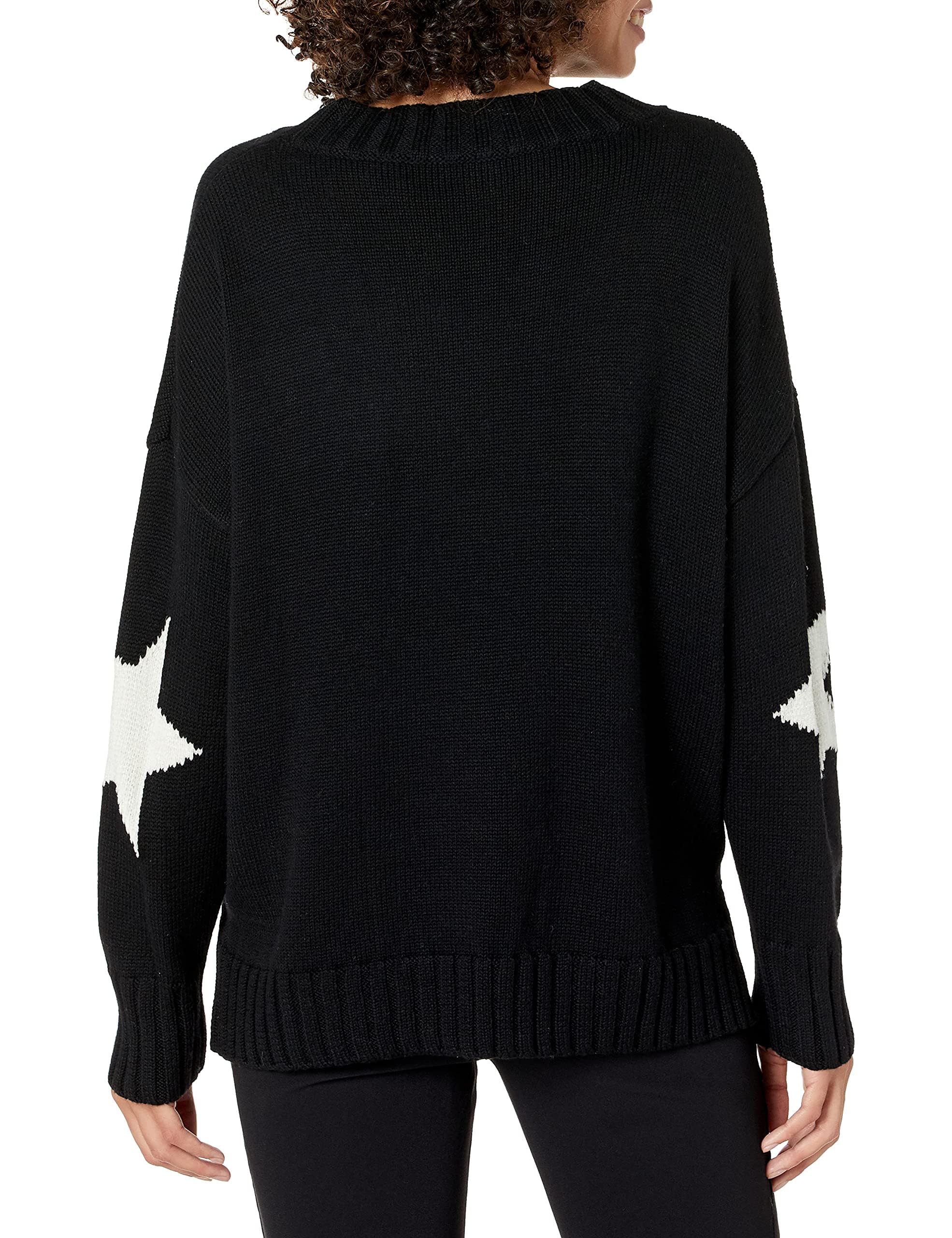 Cable Stitch Women's Intarsia Sweater β Star, Lightning Bolt, Heart Graphics Long Sleeve Crewneck Pullover Top (Black/White Star, Medium)