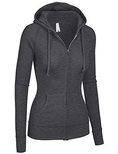 TL Women's Solid Warm Thin Thermal Knitted Casual Zip-Up Hoodie Jacket CHARCOAL -L