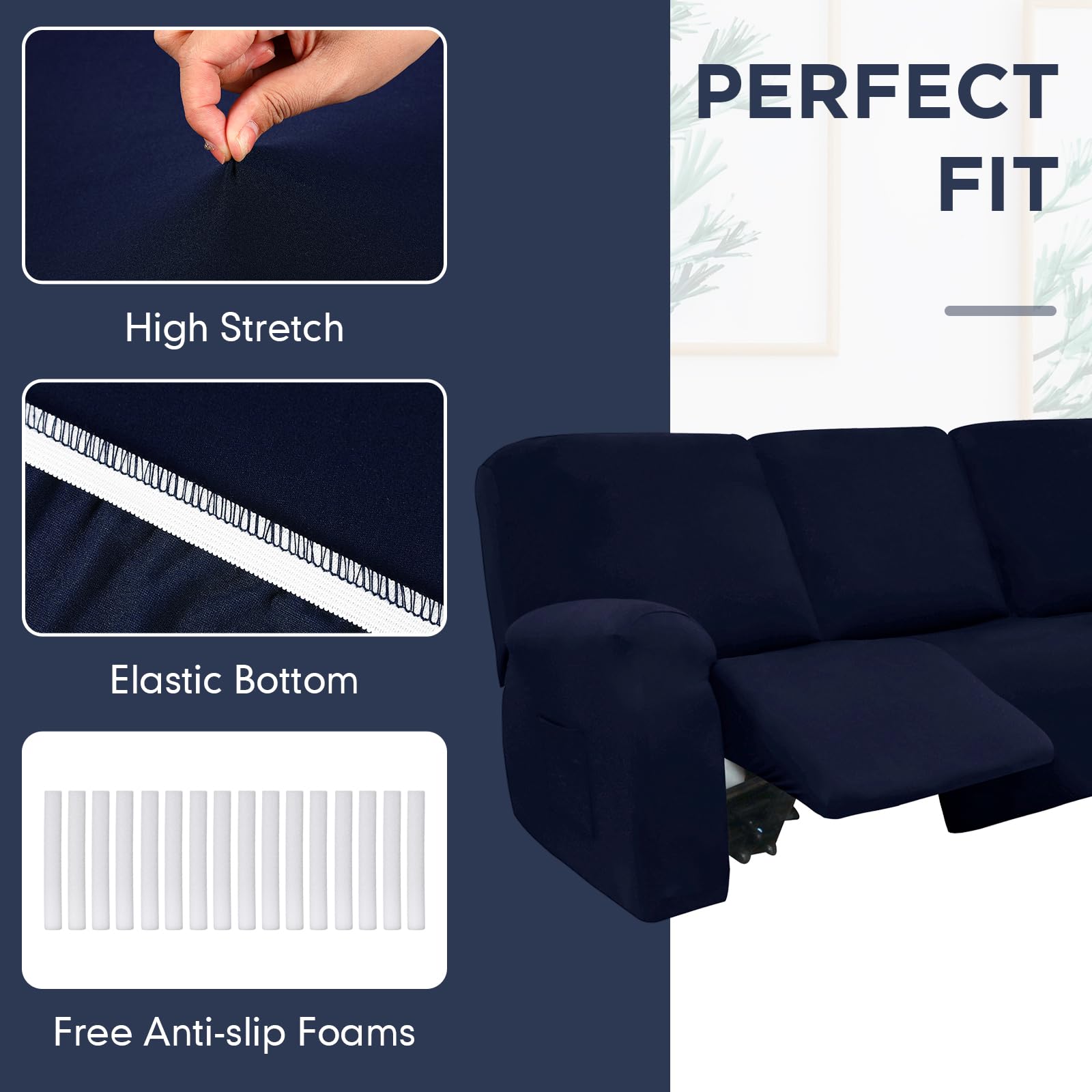 Peryiter 7 Pcs L Shape Sectional Recliner Sofa Covers 5 Seat Sectional Couch Covers Milk Silk Velvet Stretch Reclining Sofa Slipcover Furniture Protector for Living Room(Navy Blue,Milk Silk)