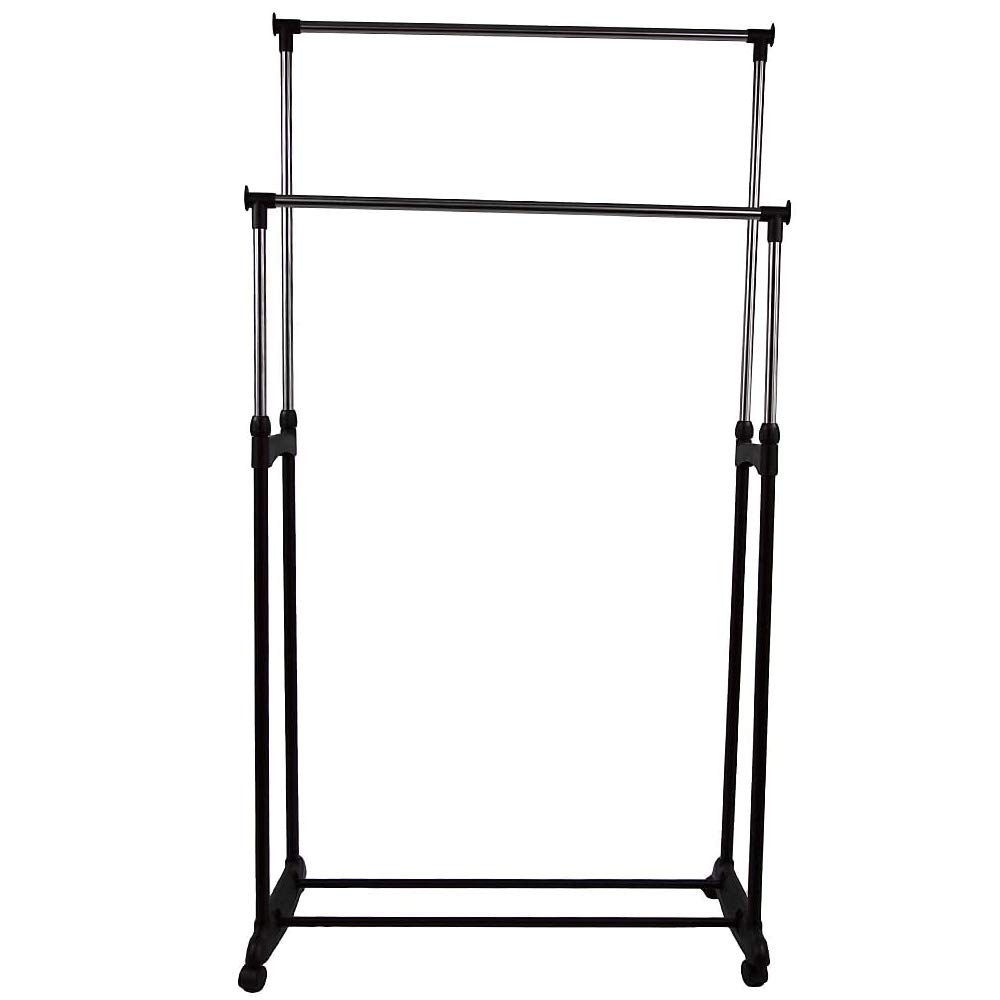 WOHLLEBEN Expandable Double Rods Clothing Rack Portable Freestanding Clothes Rack on Wheels Clothes Closet with Shoe Shelves Multi-functional Garment Rack, (33"-59")Γ16.5"Γ(43"-67")