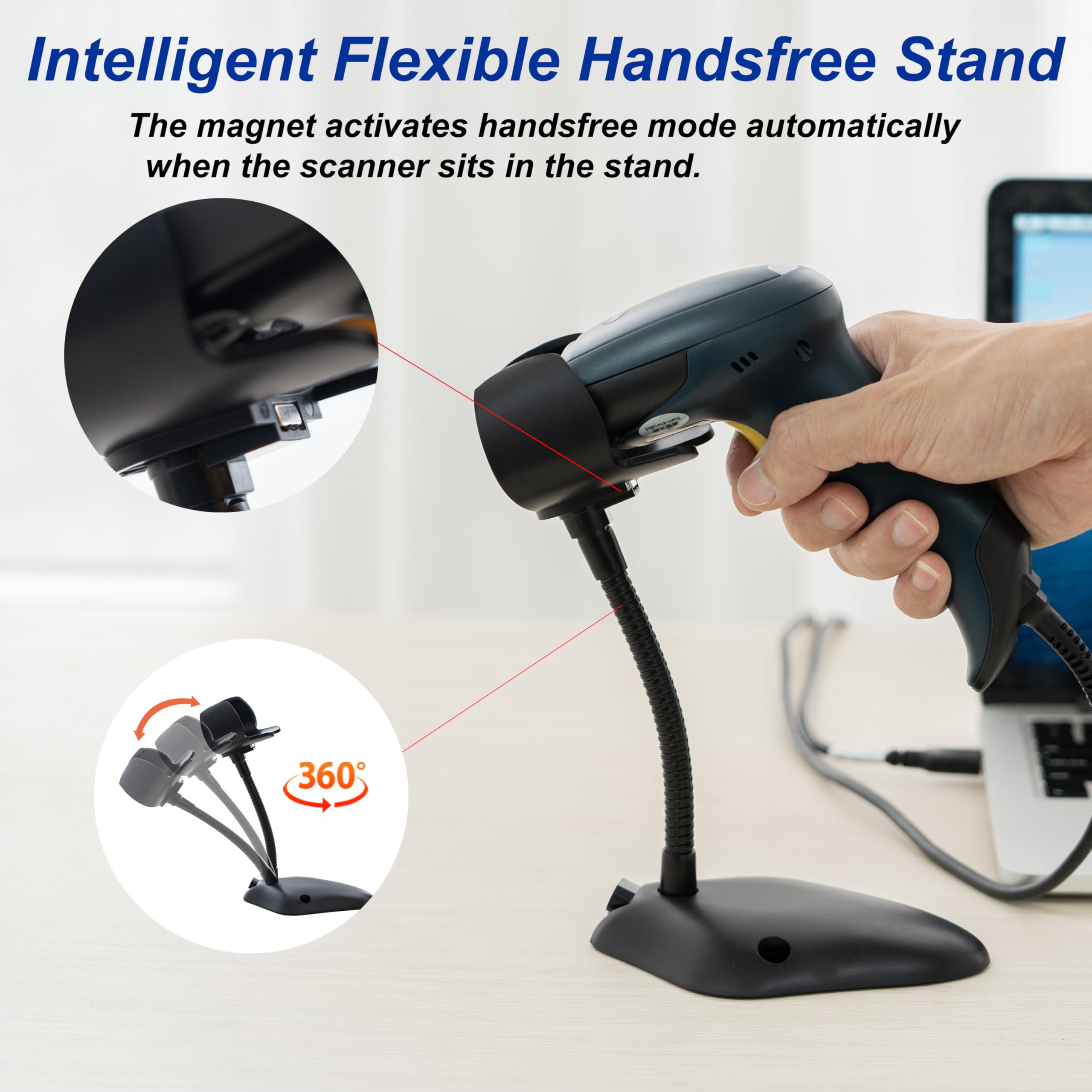 TEEMI 2D QR Barcode Scanner, USB Wired Virtual COM Port Handheld Omnidirectional Scanning, Digital Coupon Screen Code Driver License Scan for Mac OS and Android with OTG Adapter, Window PC, Linux