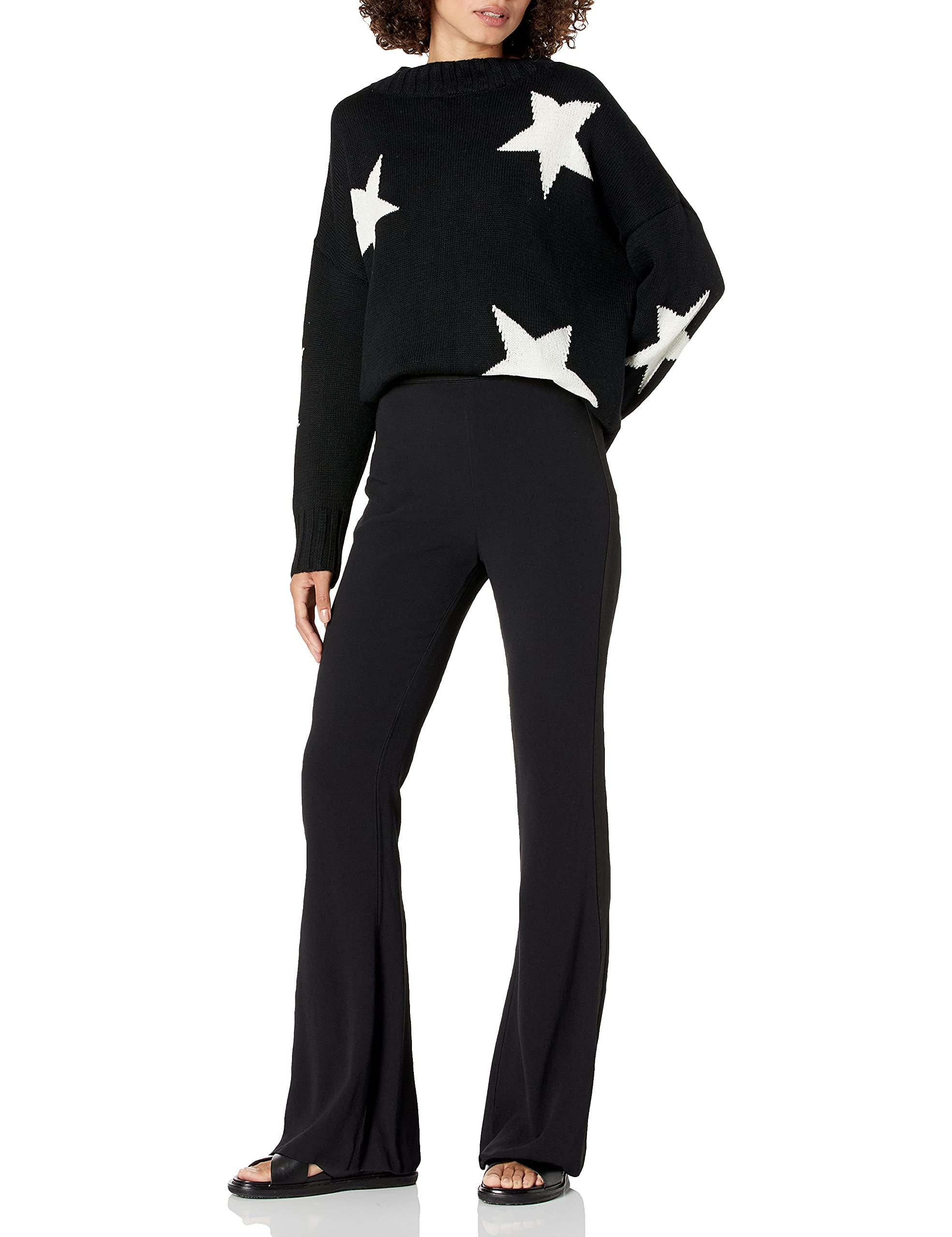 Cable Stitch Women's Intarsia Sweater β Star, Lightning Bolt, Heart Graphics Long Sleeve Crewneck Pullover Top (Black/White Star, Medium)