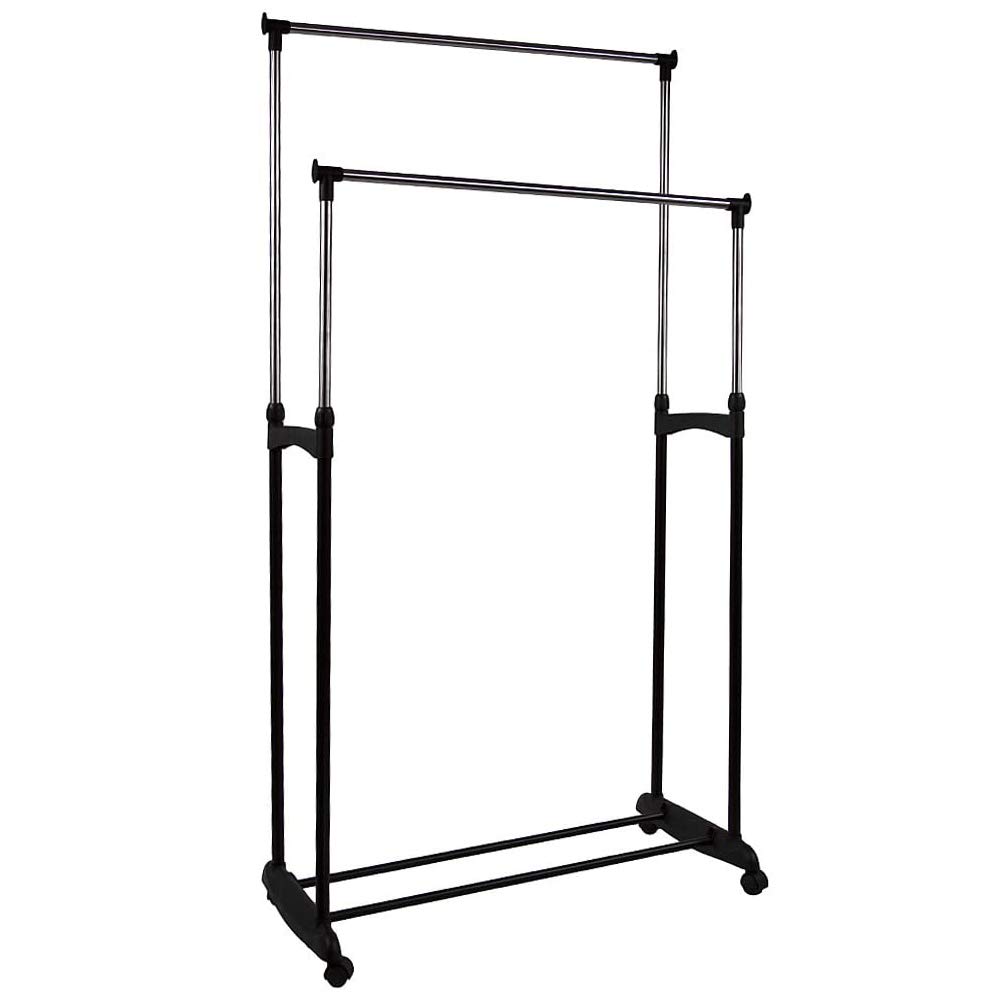 WOHLLEBEN Expandable Double Rods Clothing Rack Portable Freestanding Clothes Rack on Wheels Clothes Closet with Shoe Shelves Multi-functional Garment Rack, (33"-59")Γ16.5"Γ(43"-67")