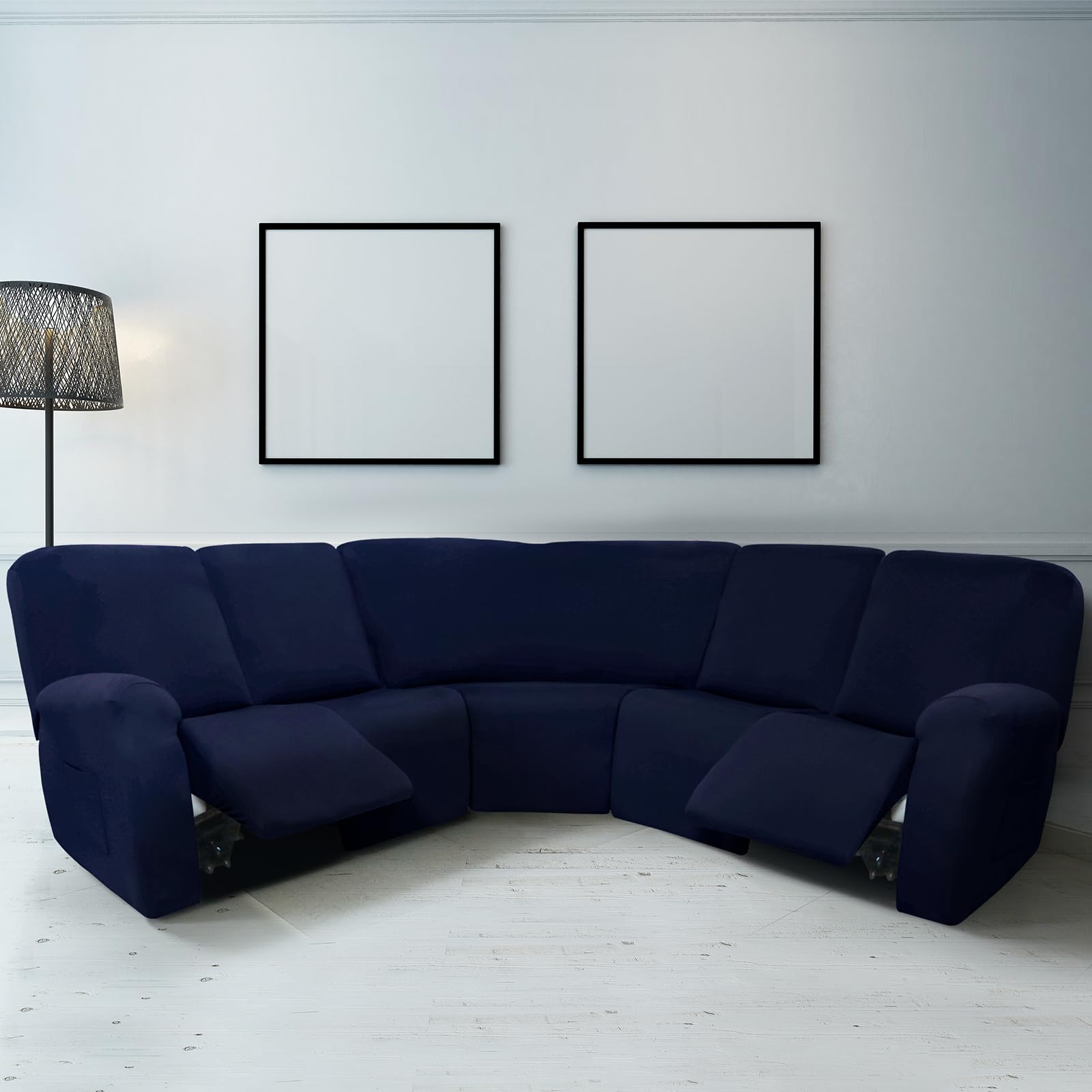 Peryiter 7 Pcs L Shape Sectional Recliner Sofa Covers 5 Seat Sectional Couch Covers Milk Silk Velvet Stretch Reclining Sofa Slipcover Furniture Protector for Living Room(Navy Blue,Milk Silk)