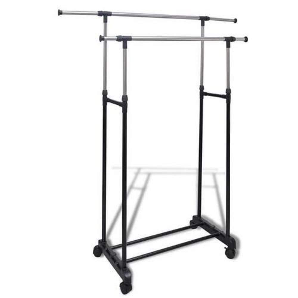WOHLLEBEN Expandable Double Rods Clothing Rack Portable Freestanding Clothes Rack on Wheels Clothes Closet with Shoe Shelves Multi-functional Garment Rack, (33"-59")Γ16.5"Γ(43"-67")