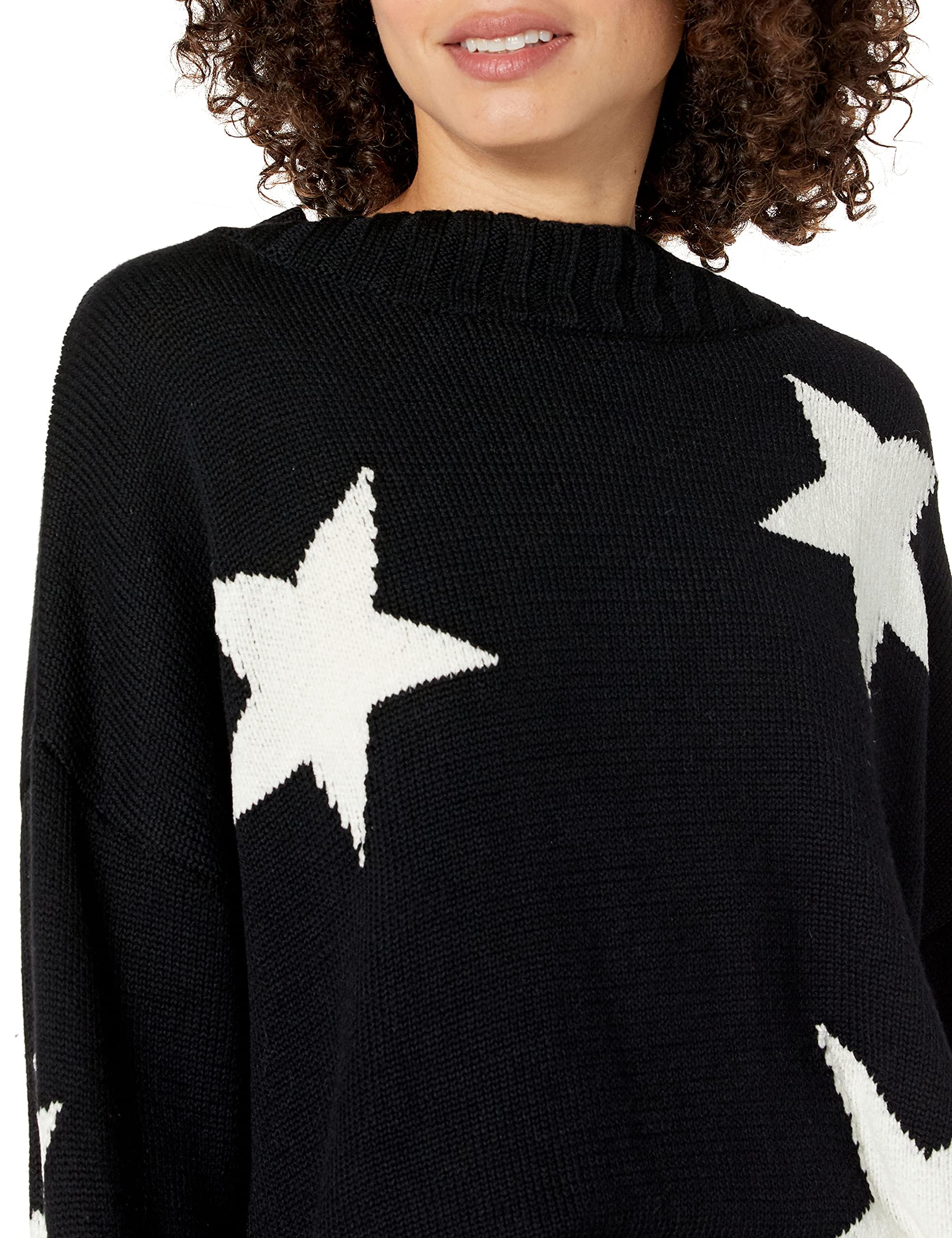 Cable Stitch Women's Intarsia Sweater β Star, Lightning Bolt, Heart Graphics Long Sleeve Crewneck Pullover Top (Black/White Star, Medium)
