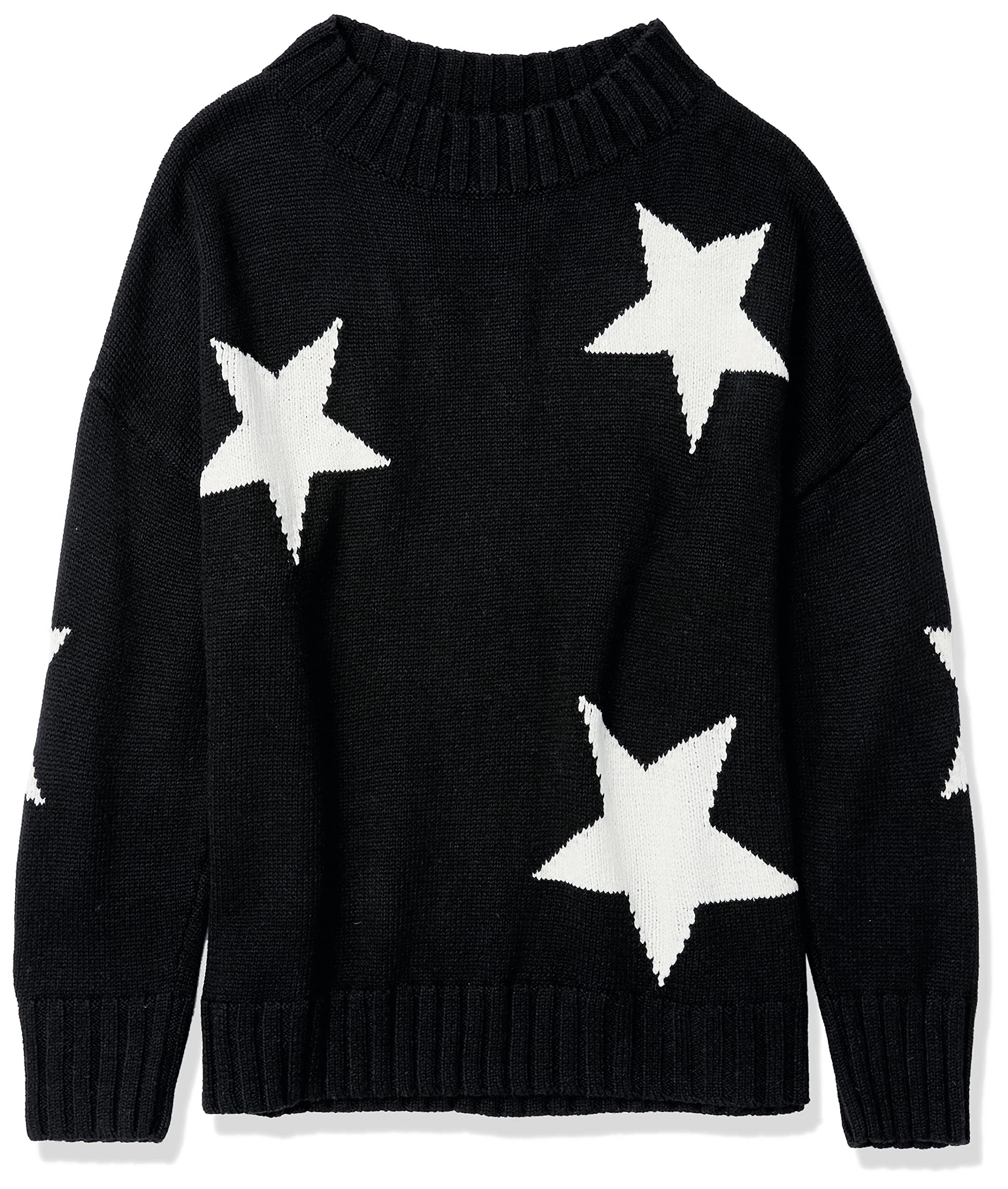 Cable Stitch Women's Intarsia Sweater β Star, Lightning Bolt, Heart Graphics Long Sleeve Crewneck Pullover Top (Black/White Star, Medium)