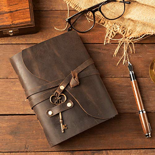 Vintage Leather Journal - Antique Handmade Deckle Edge Vintage Paper Leather Bound Journal - Book of Shadows Journal - Leather Sketchbook - Drawing Journal - Great Gift (Vintage Brown, 7.5"x5.5")