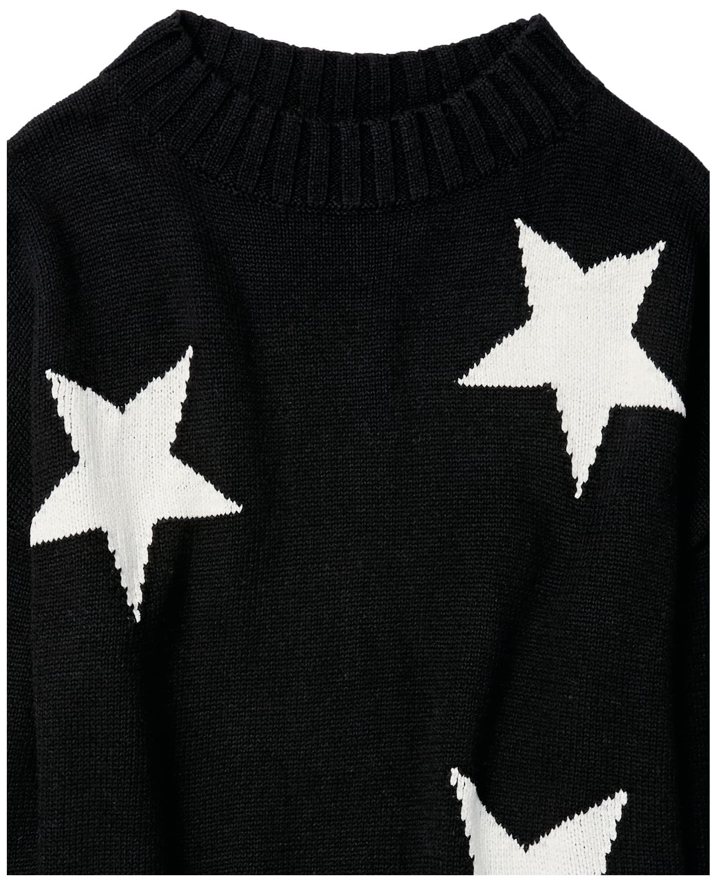 Cable Stitch Women's Intarsia Sweater β Star, Lightning Bolt, Heart Graphics Long Sleeve Crewneck Pullover Top (Black/White Star, Medium)
