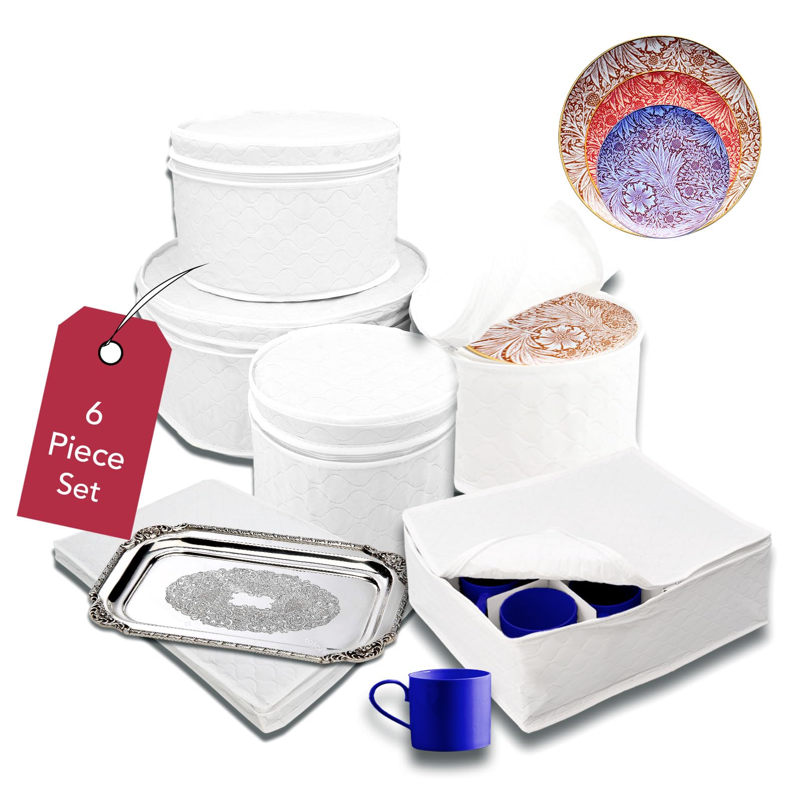 LAMINET 6 Piece Quilted Dinnerware Storage Starter Set - Includes 4 Plate Cases, 1 Cup Case & Platter Case - White