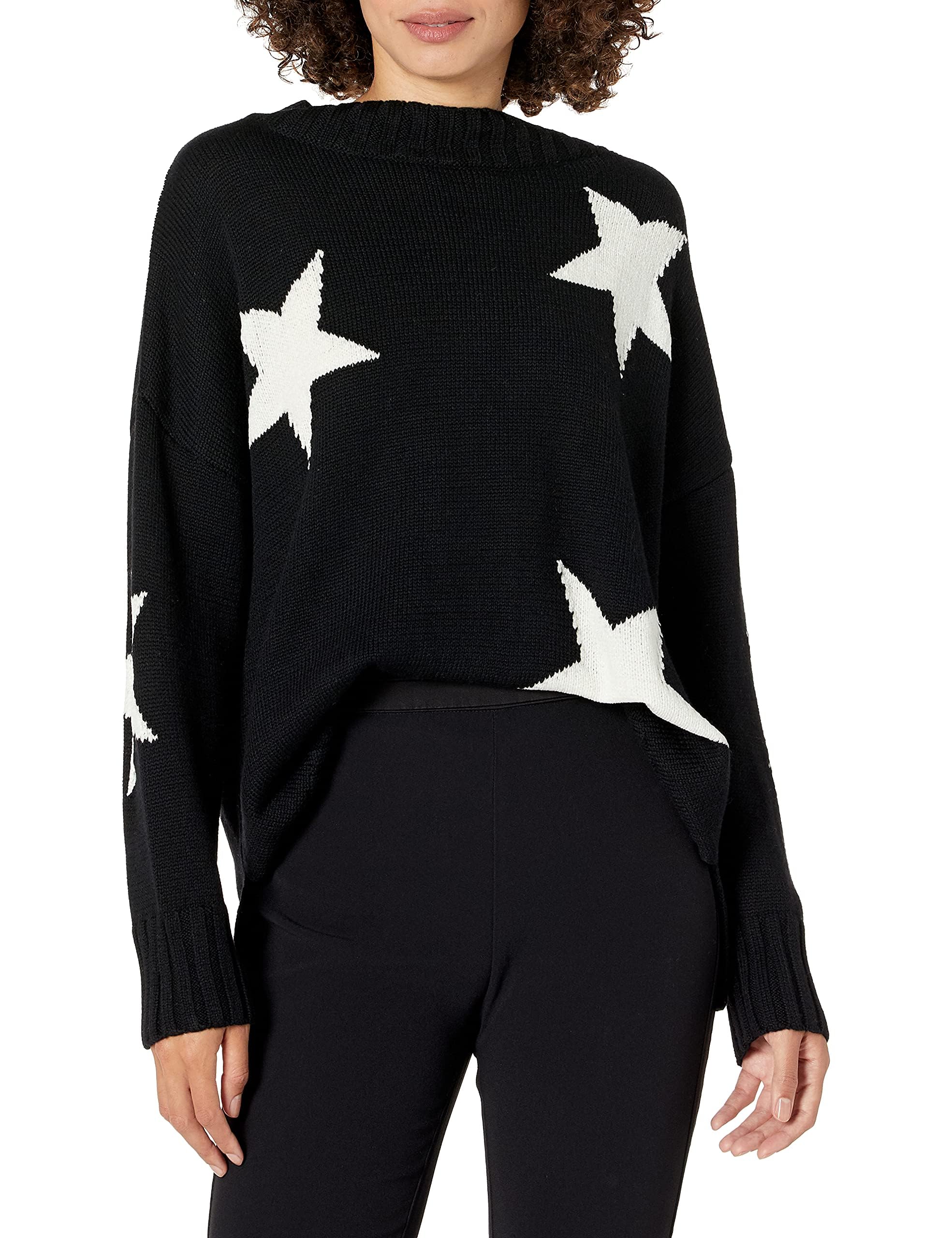 Cable Stitch Women's Intarsia Sweater – Star, Lightning Bolt, Heart Graphics Long Sleeve Crewneck Pullover Top (Black/White Star, Medium)
