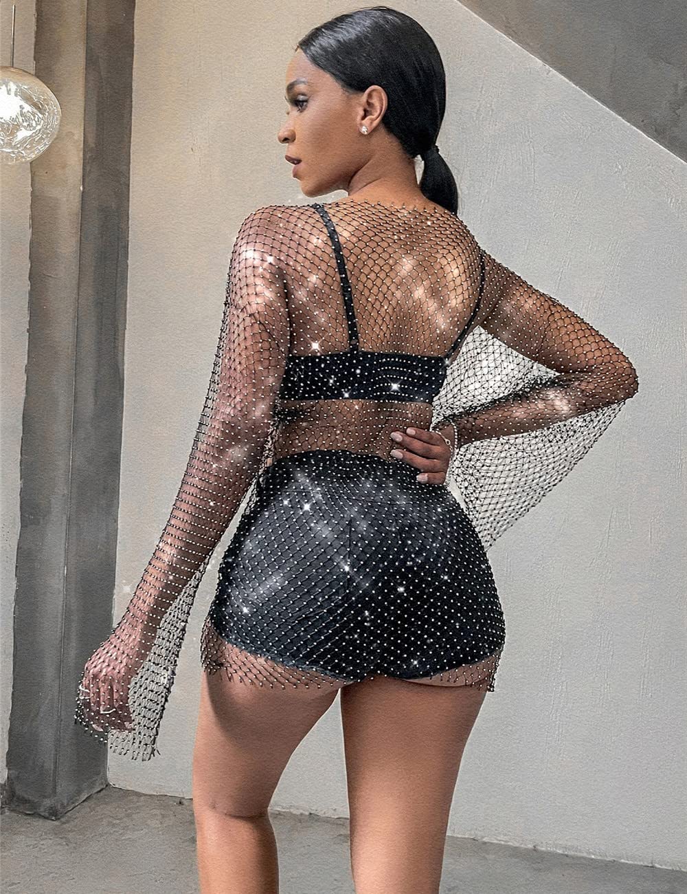 Lrady Women's Rhinestone Mesh Sheer Fishnet Long Sleeve V Neck Mini Dresses Sexy Bikini Beach Cover Up Clubwear, Black & White, Large