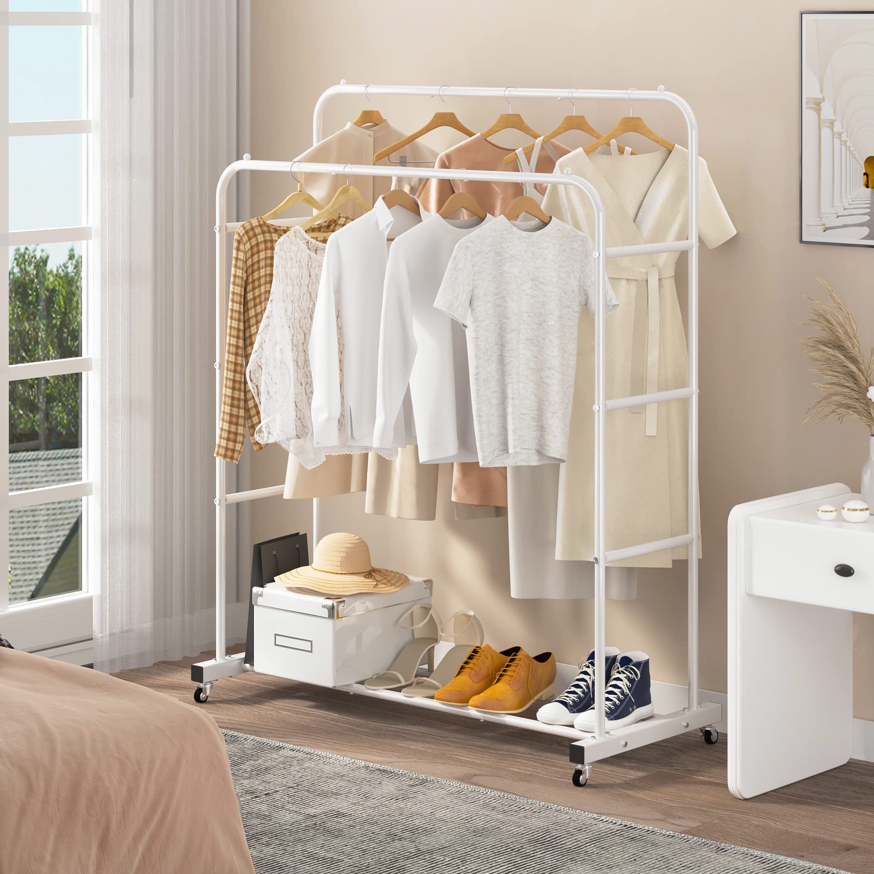 Laiensia Double Rods Clothing Rack with Wheels, Garment Rack for Hanging Clothes, Multi-functional Bedroom Clothes Rack, White