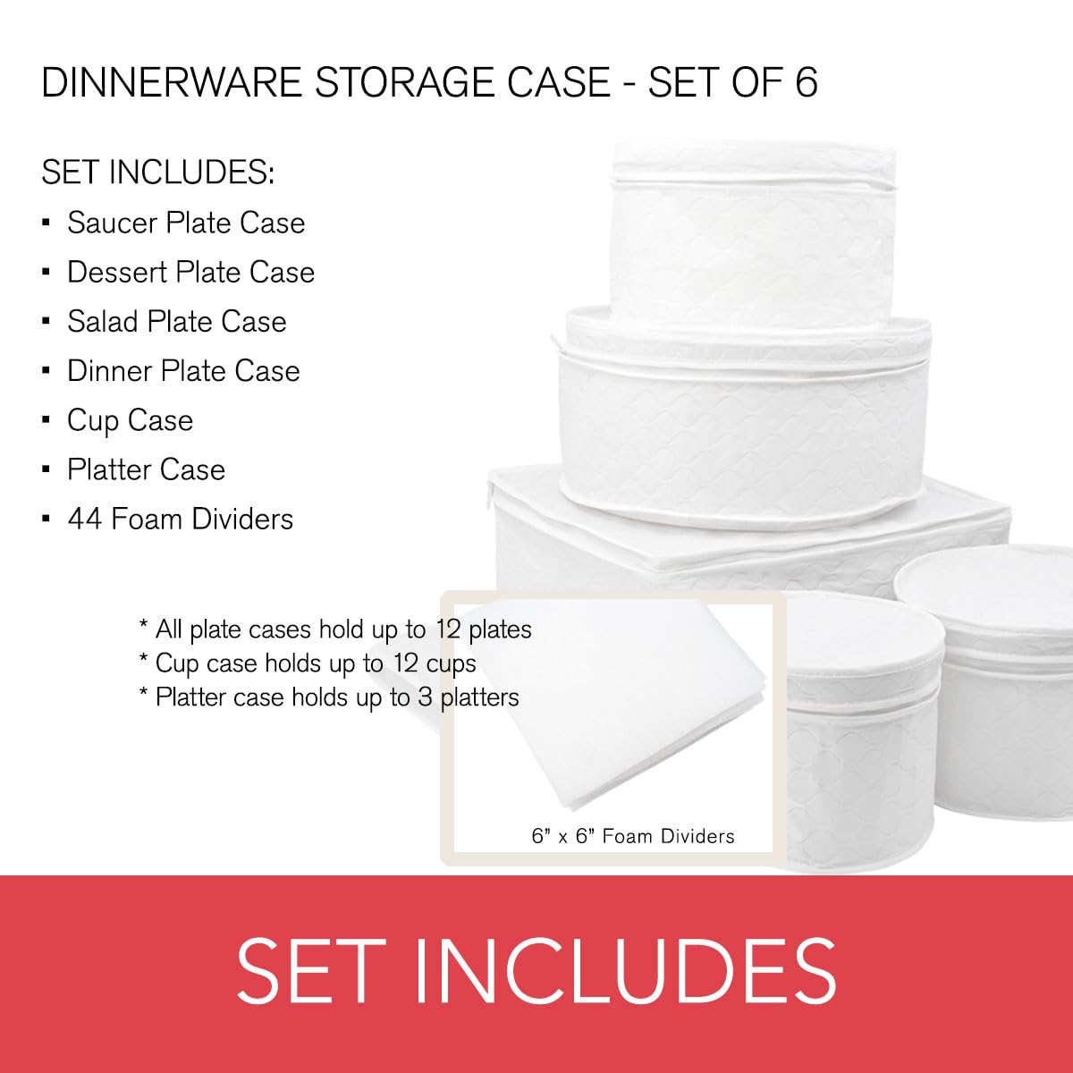 LAMINET 6 Piece Quilted Dinnerware Storage Starter Set - Includes 4 Plate Cases, 1 Cup Case & Platter Case - White