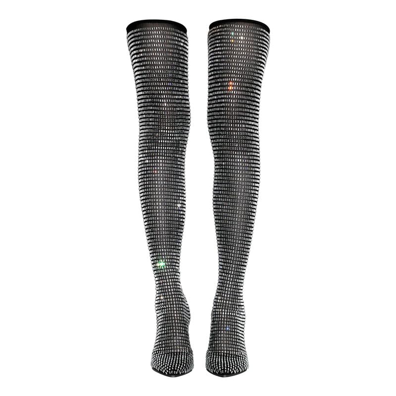 sexytag Women's RhinestoneThing High Boots Sparkly Diamante Pointed Toe Back Zipper Stiletto Heels Stretch Stocking Glitter Sexy Over The Knee Mesh Socks Boots Black Size 7.5