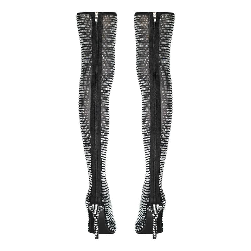 sexytag Women's RhinestoneThing High Boots Sparkly Diamante Pointed Toe Back Zipper Stiletto Heels Stretch Stocking Glitter Sexy Over The Knee Mesh Socks Boots Black Size 7.5