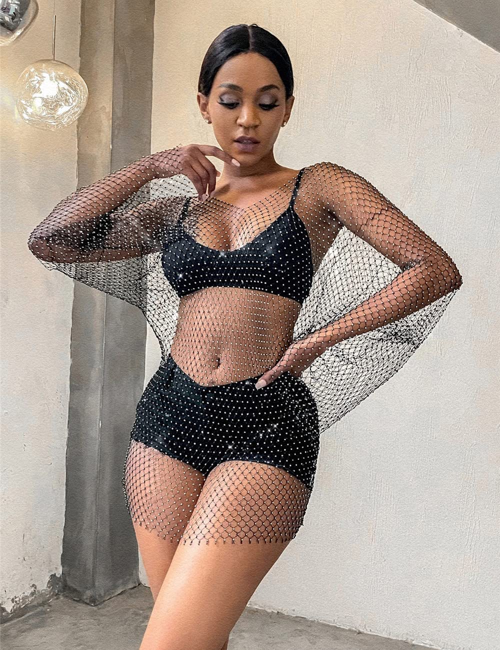Lrady Women's Rhinestone Mesh Sheer Fishnet Long Sleeve V Neck Mini Dresses Sexy Bikini Beach Cover Up Clubwear, Black & White, Large