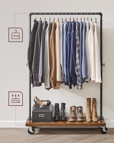 VASAGLE Clothes Rail for Bedroom, Heavy-Duty Clothes Rack, Industrial Pipe Rolling Garment Rack with Shelf, Top Rail Max. Load 90 kg, Laundry Room, Retail Store, Rustic Brown and Black HSR65BXV1