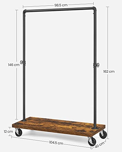 VASAGLE Clothes Rail for Bedroom, Heavy-Duty Clothes Rack, Industrial Pipe Rolling Garment Rack with Shelf, Top Rail Max. Load 90 kg, Laundry Room, Retail Store, Rustic Brown and Black HSR65BXV1