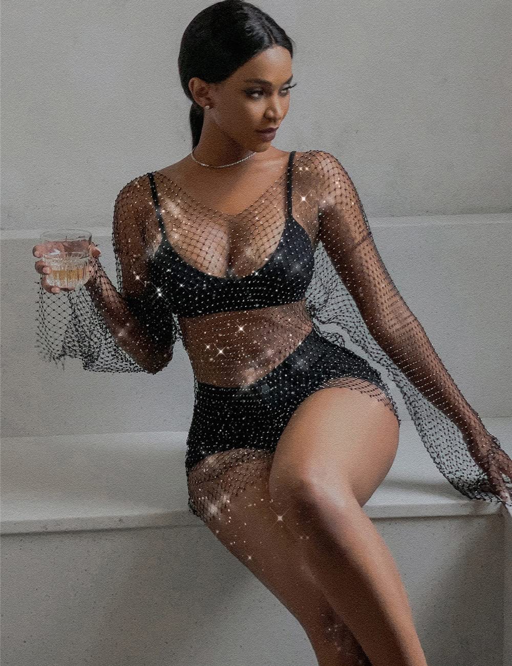 Lrady Women's Rhinestone Mesh Sheer Fishnet Long Sleeve V Neck Mini Dresses Sexy Bikini Beach Cover Up Clubwear, Black & White, Large