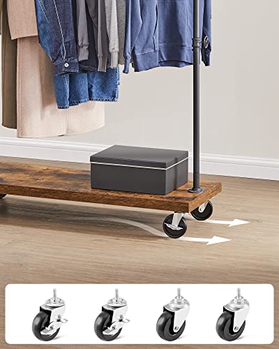 VASAGLE Clothes Rail for Bedroom, Heavy-Duty Clothes Rack, Industrial Pipe Rolling Garment Rack with Shelf, Top Rail Max. Load 90 kg, Laundry Room, Retail Store, Rustic Brown and Black HSR65BXV1