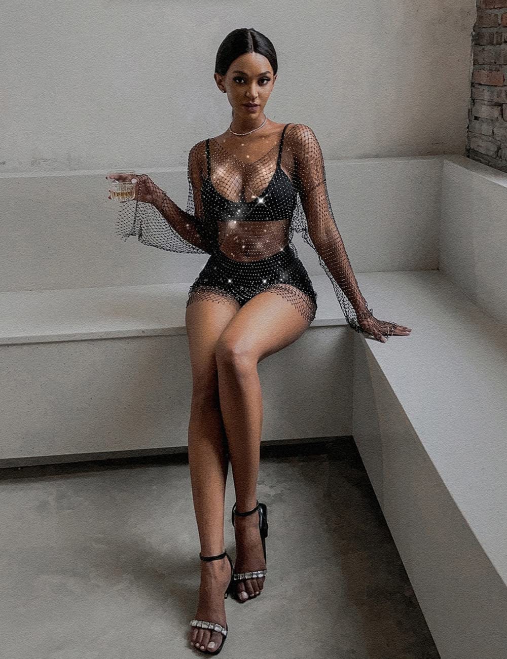 Lrady Women's Rhinestone Mesh Sheer Fishnet Long Sleeve V Neck Mini Dresses Sexy Bikini Beach Cover Up Clubwear, Black & White, Large
